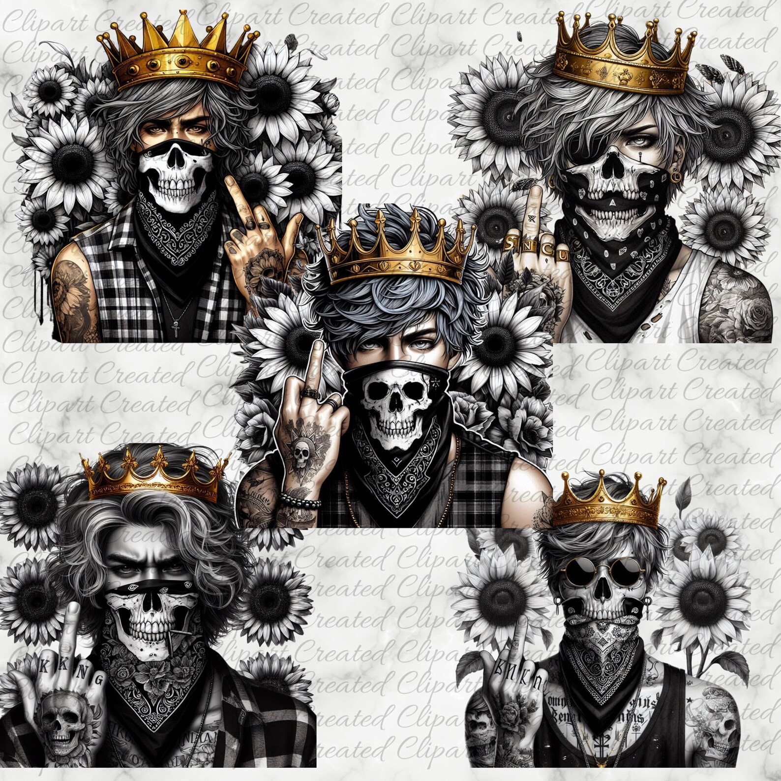 Tattooed Man With Bandana and Crown Clipart, Commercial Use Clipart ...