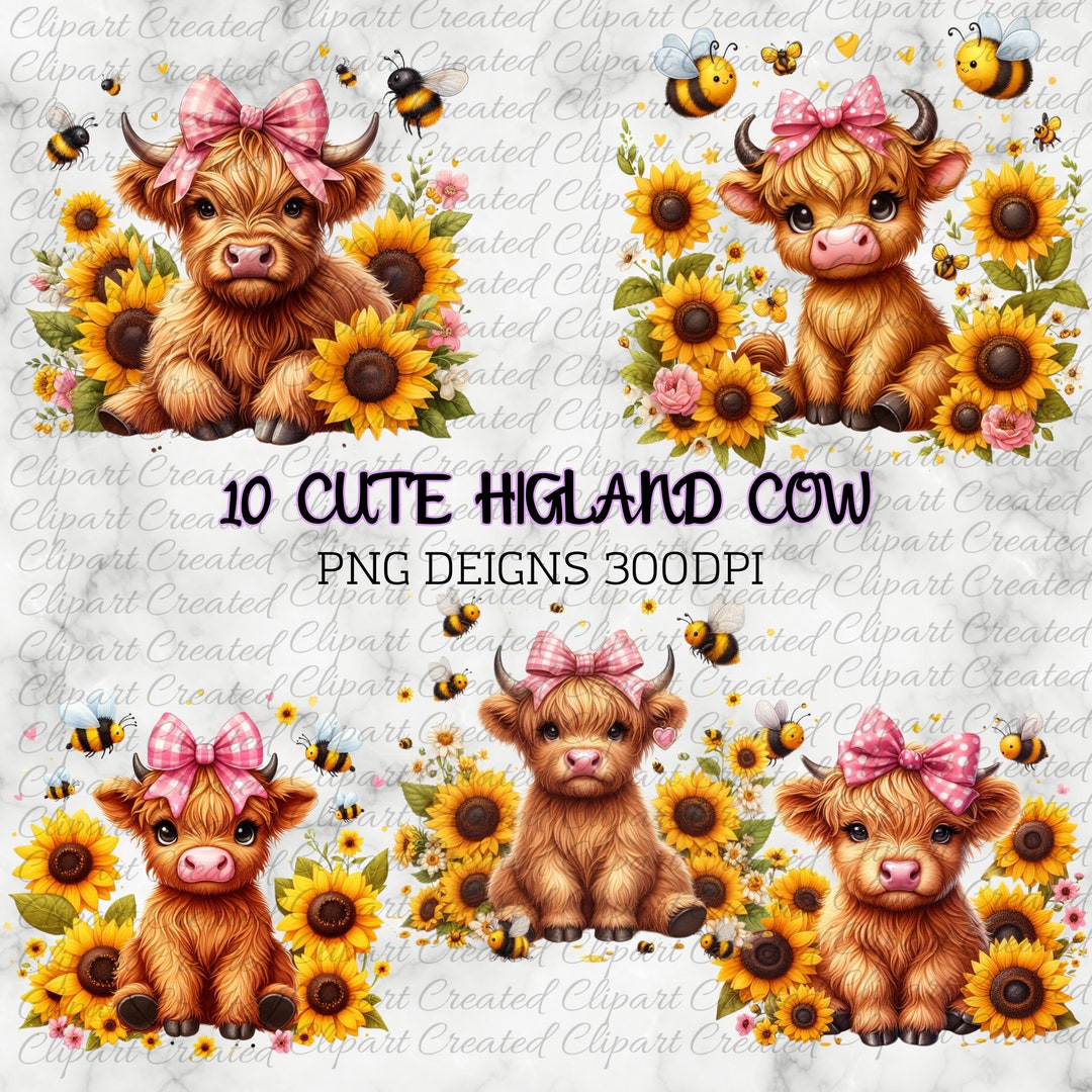 Highland Cow With Bees, Cute Cows Clip Art, Commercial Use Clip Art ...