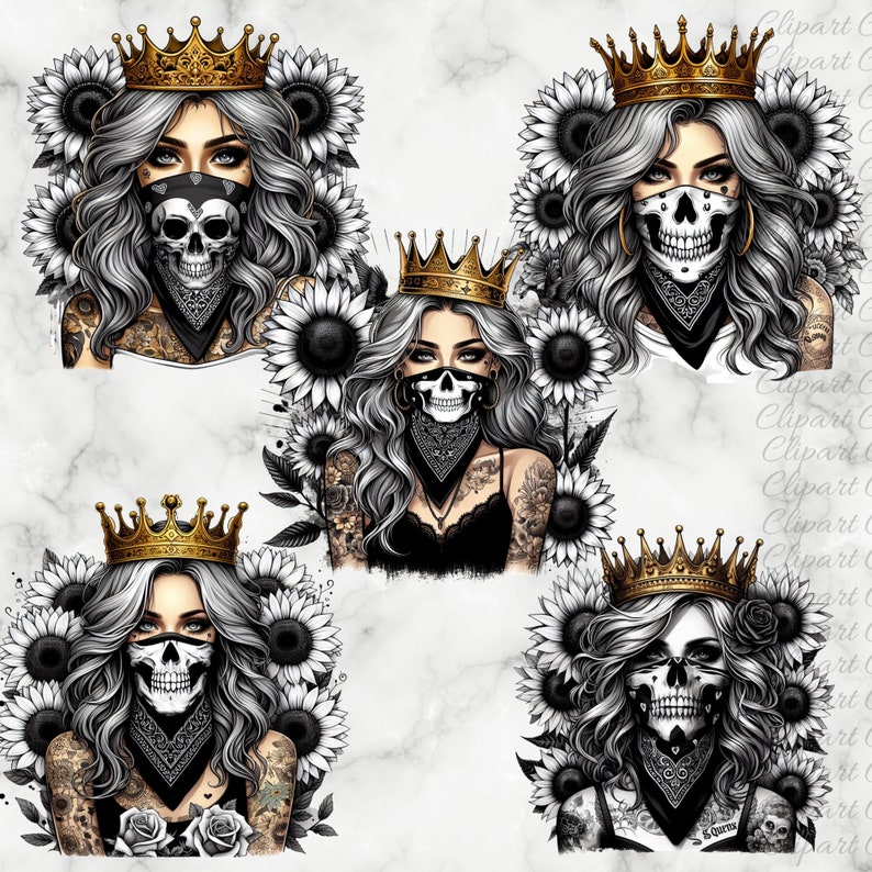 Tattooed Woman With Bandana and Crown Clipart, Commercial Use Clipart ...