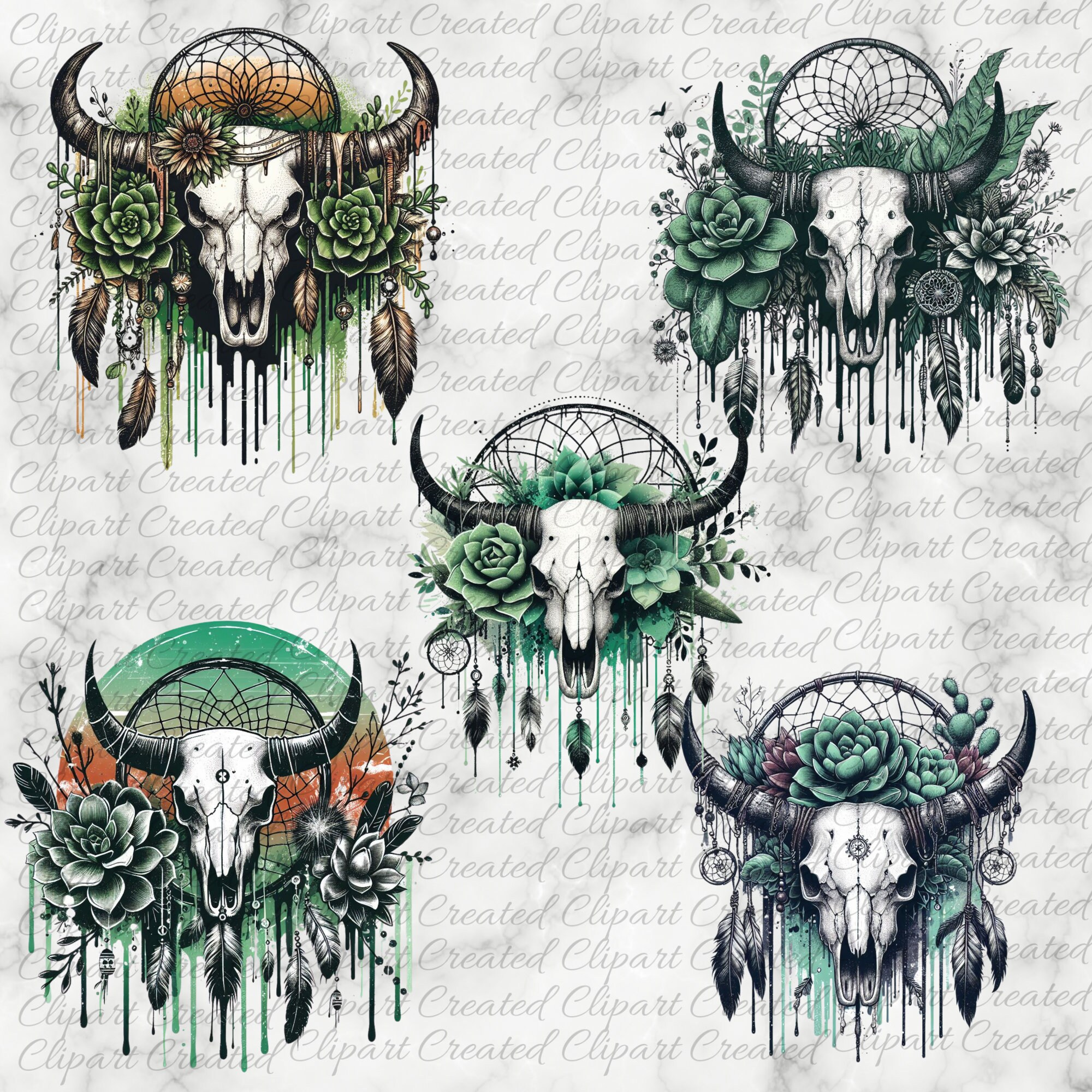 Teal Bull Skull With Cactus, Pink Sunflowers, Commercial Use Clip Art ...