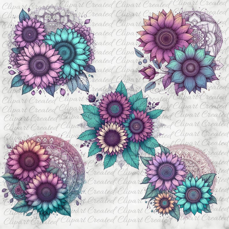 Pink Teal Sunflowers With Pastel Mandela, Commercial Use Clip Art ...