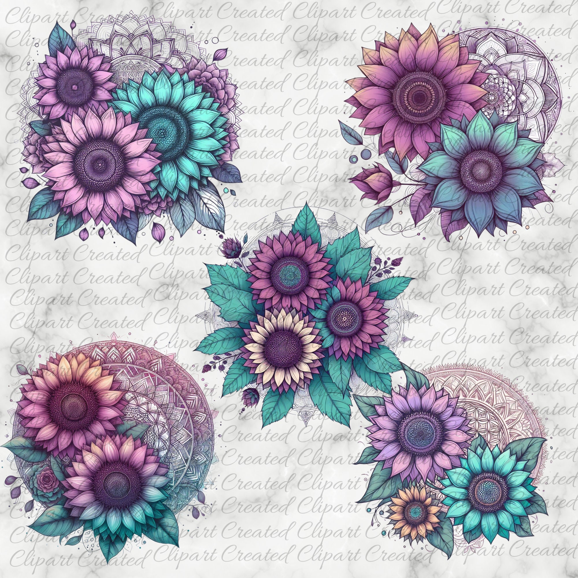 Pink Teal Sunflowers With Pastel Mandela, Commercial Use Clip Art ...