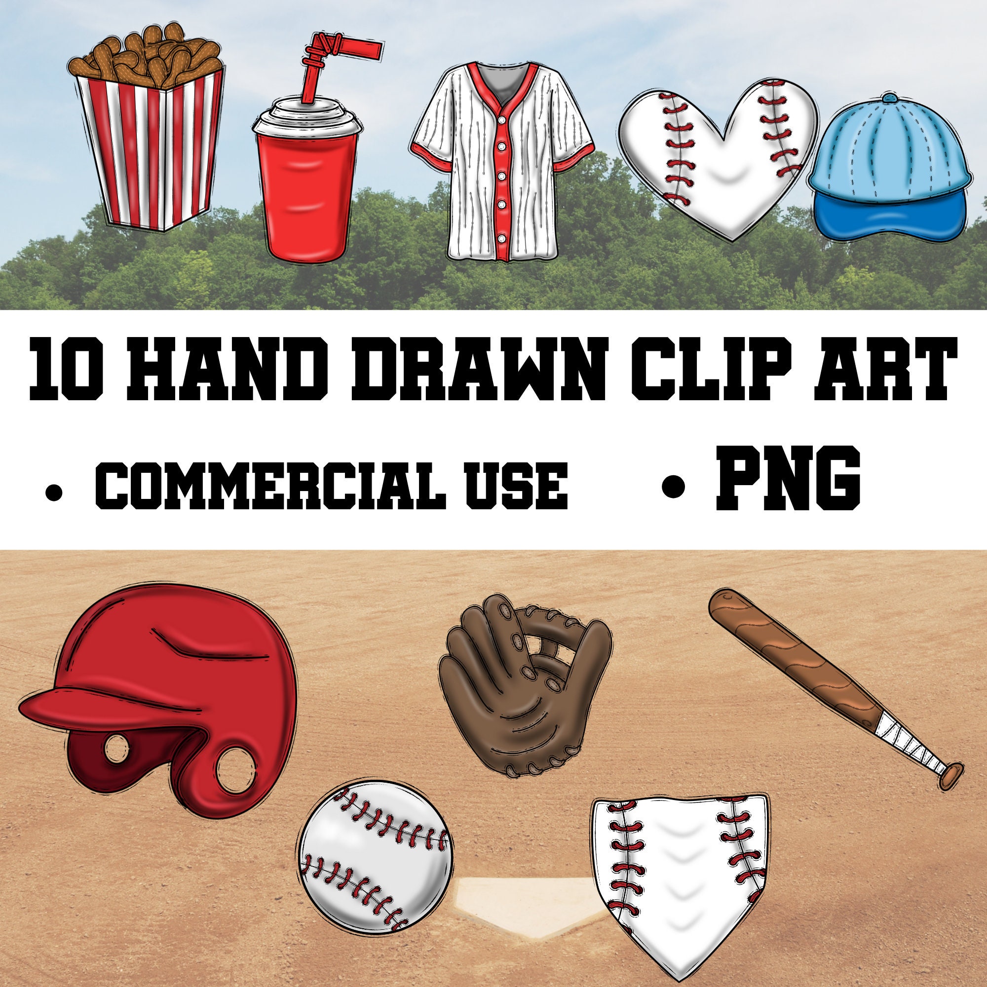 Baseball Hand Drawn Clip Art Png, Commercial Use, PNG, 10 Graphics ...