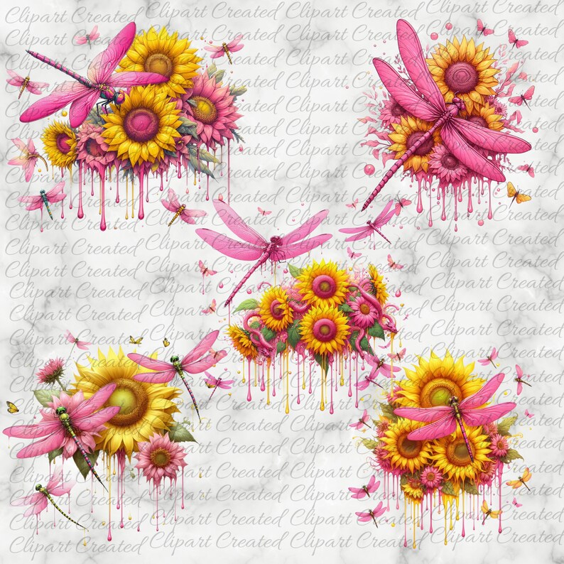 Pink Dragonfly With Sunflowers, Sunflower Clipart, Commercial Use Clip ...