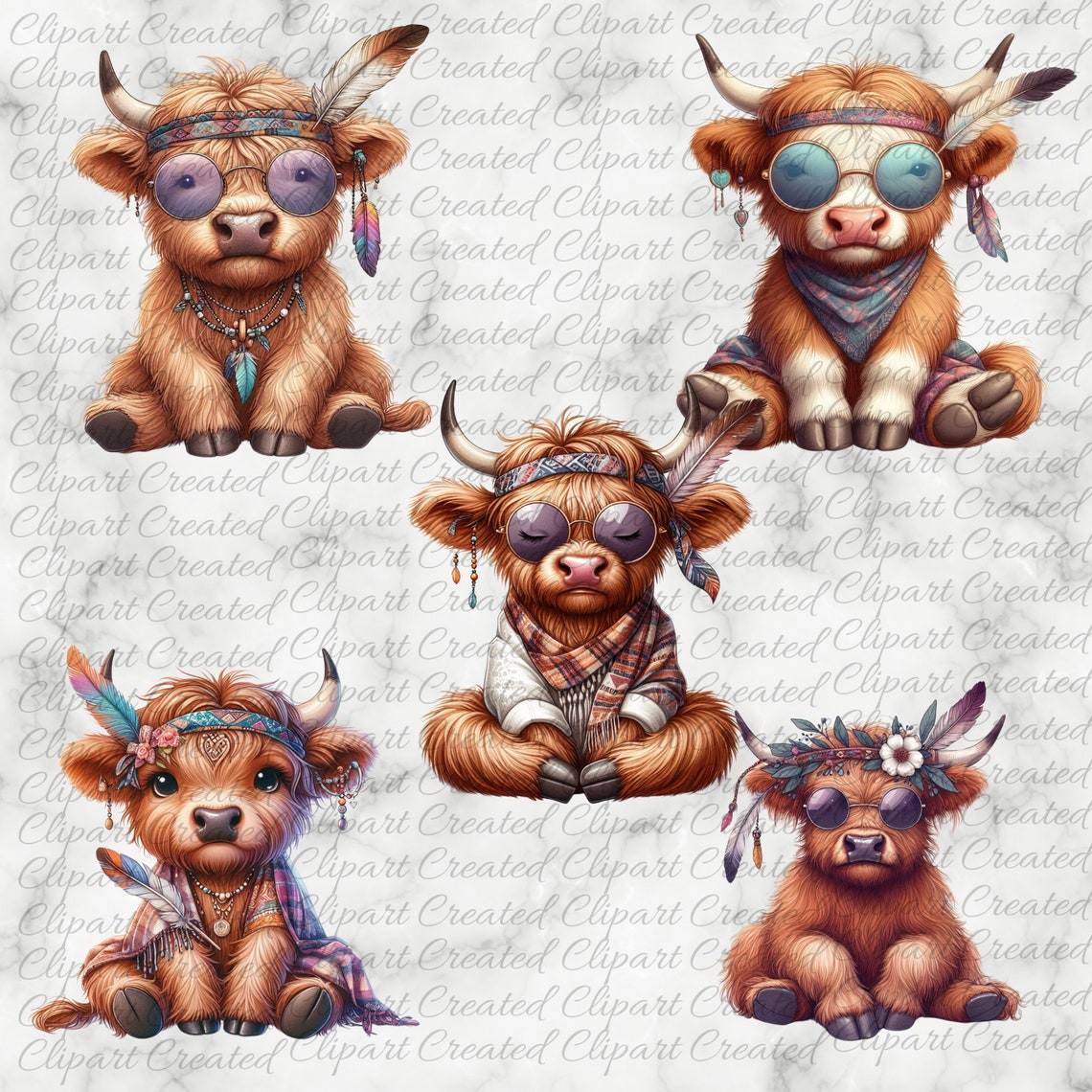 Boho Highland Cow Clip Art, Commercial Use, Highland Cow Hippie ...