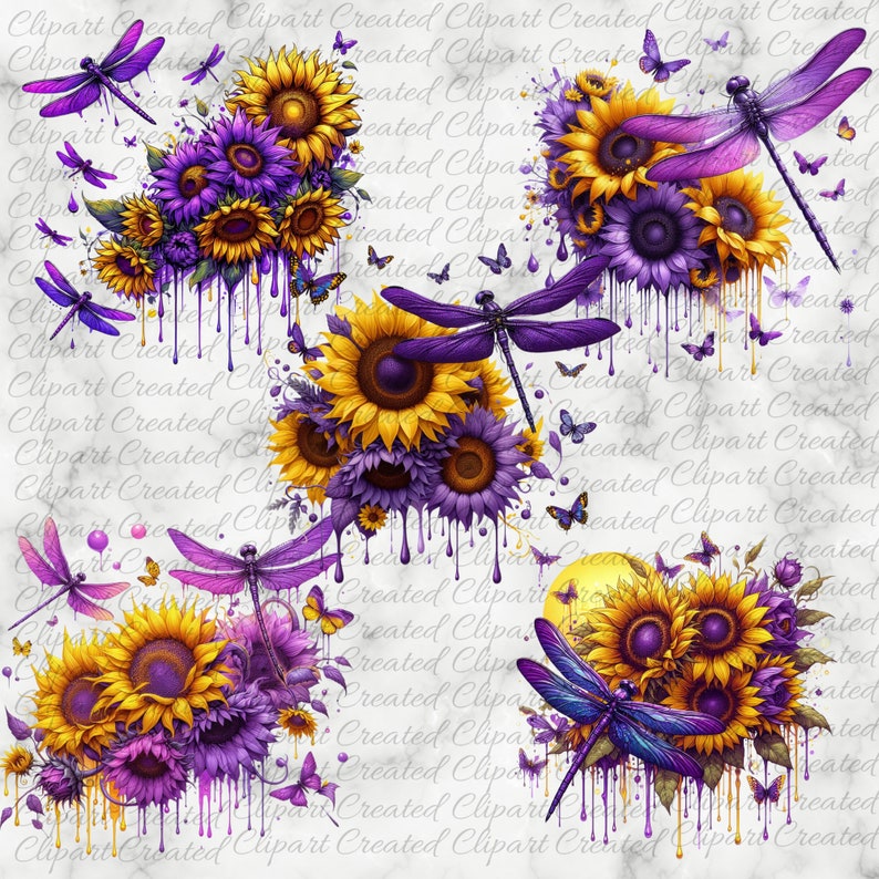 Purple Dragonfly With Sunflowers, Sunflower Clipart, Commercial Use ...