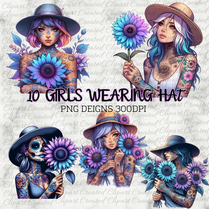 Boho Girl With Hat Clip Art, Sunflower Clip Art, Commercial Use Clip ...