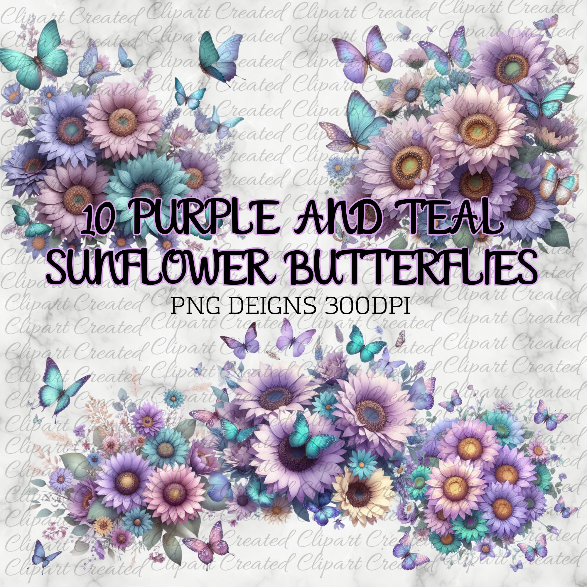 Purple and Teal, Sunflowers and Butterflies, Commercial Use Clip Art ...