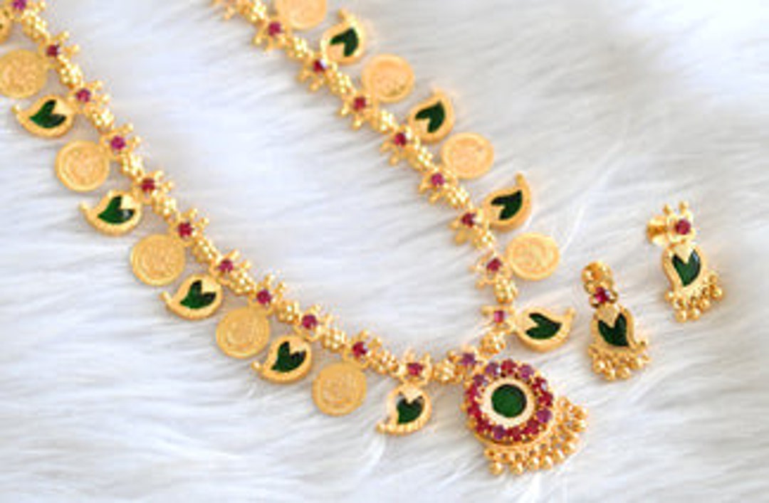 Gold Tone Pink-green Kerala Style Mango Lakshmi Coin Haar Set - Etsy
