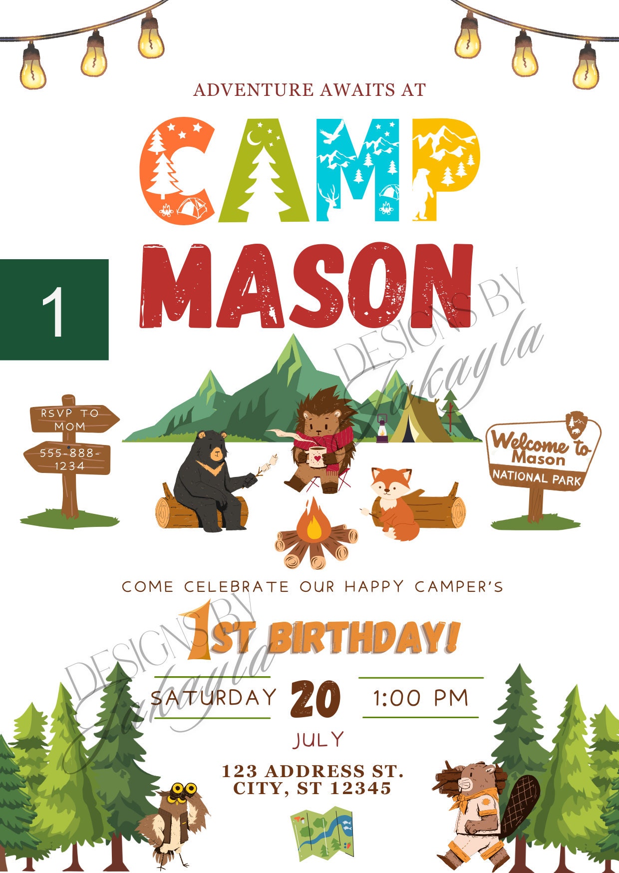 Camp / Adventure /park Themed Birthday Invitation With Woodland Animals ...