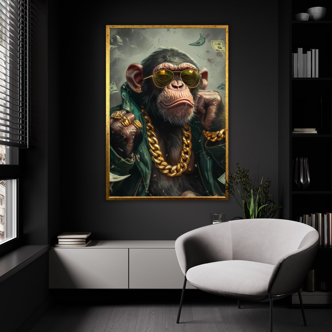Chimpanzee Tycoon Gold Chain Canvas, Urban Jungle Money Wall Art, Swag ...