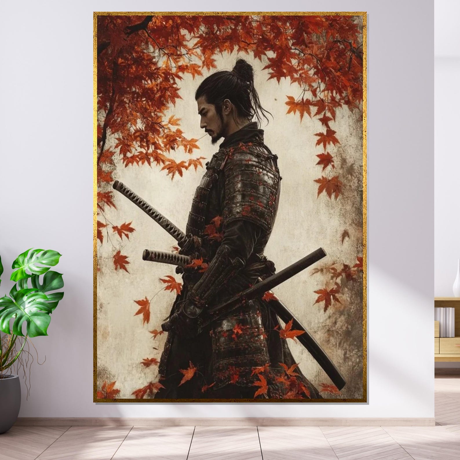 Samurai Autumn Leaves Canvas, Warrior Wall Art, Japanese Samurai Print ...