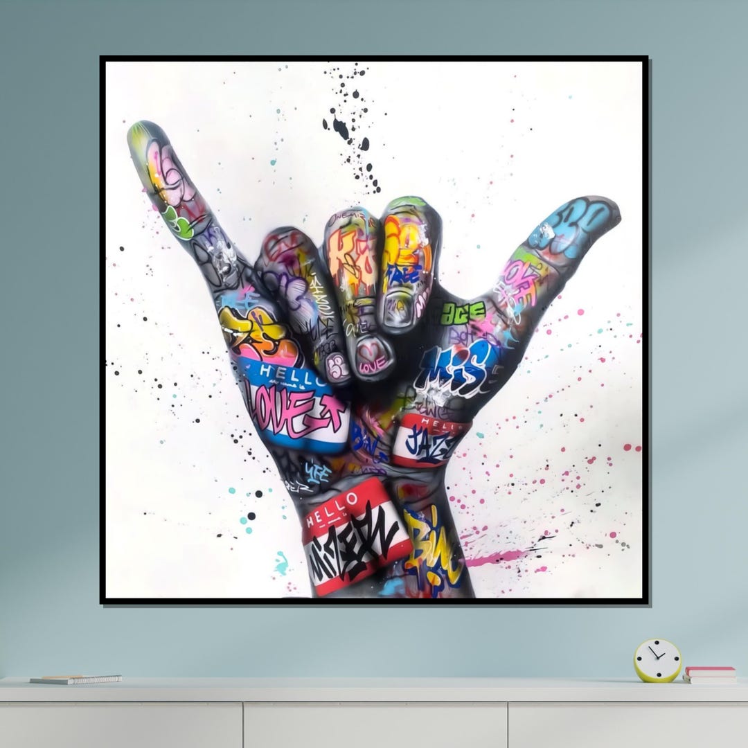 Graffiti Hand Art, Colorful Street Art Canvas, Hand Gesture Wall Art ...