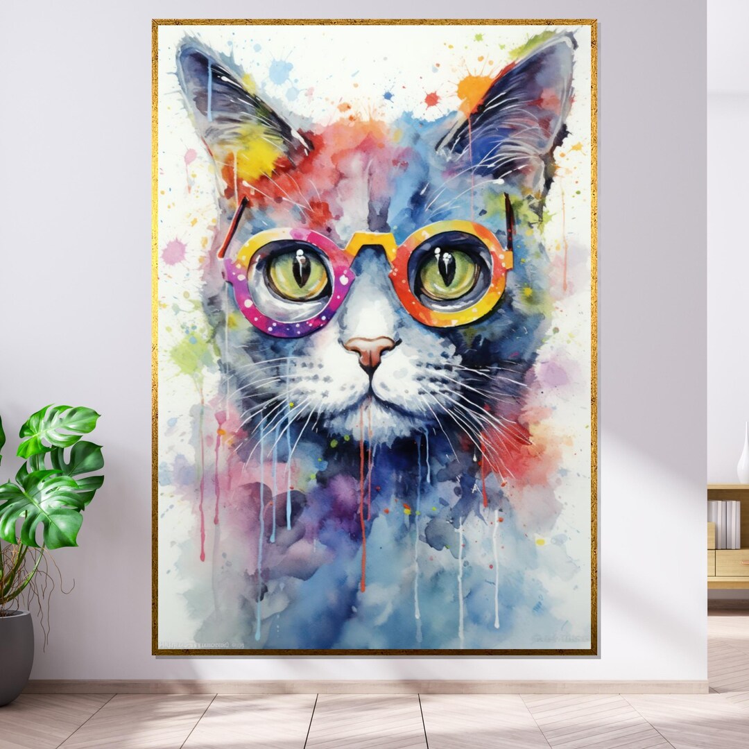 Colorful Cat Canvas, Rainbow Glasses Cat Wall Art, Feline Canvas Design ...