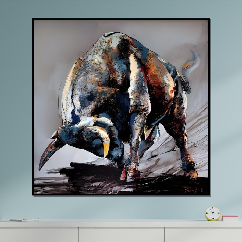 Powerful Bull Canvas, Charging Bull Wall Art, Abstract Animal Canvas ...