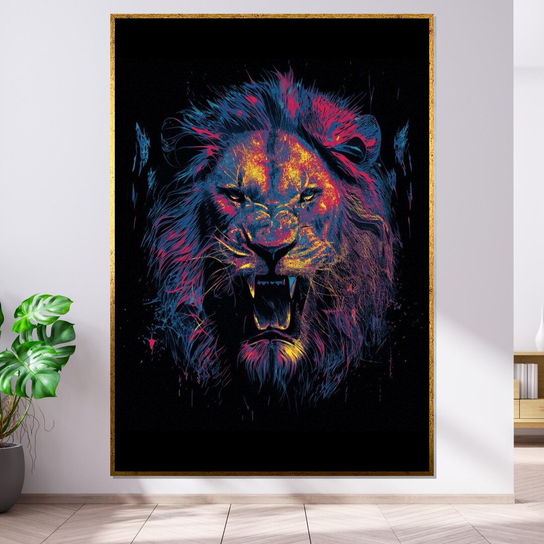 Vibrant Roaring Lion Canvas, Multicolor Lion Wall Art, Animal Poster ...
