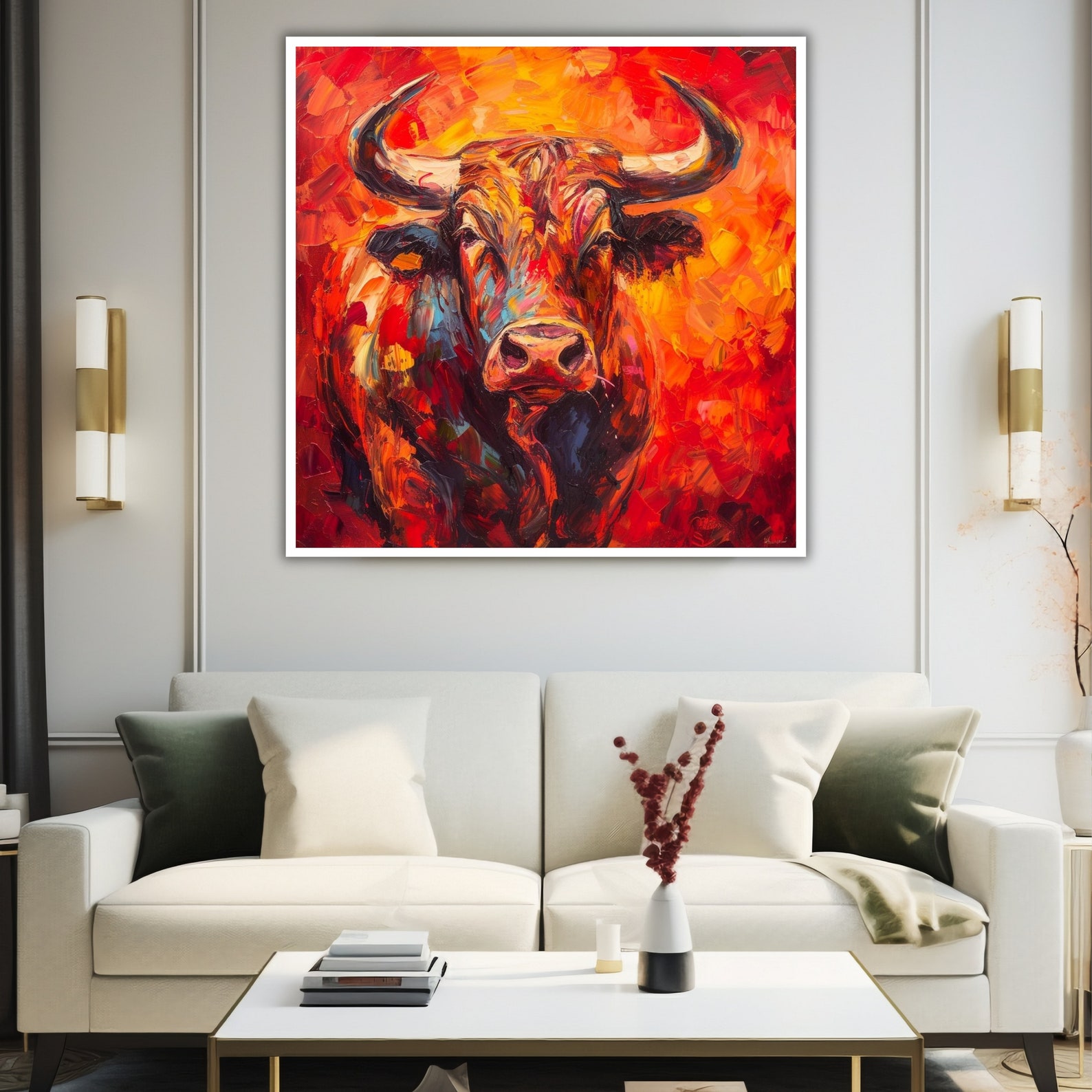 Fiery Bull Canvas Art, Vivid Strength Wall Decor, Abstract Animal ...