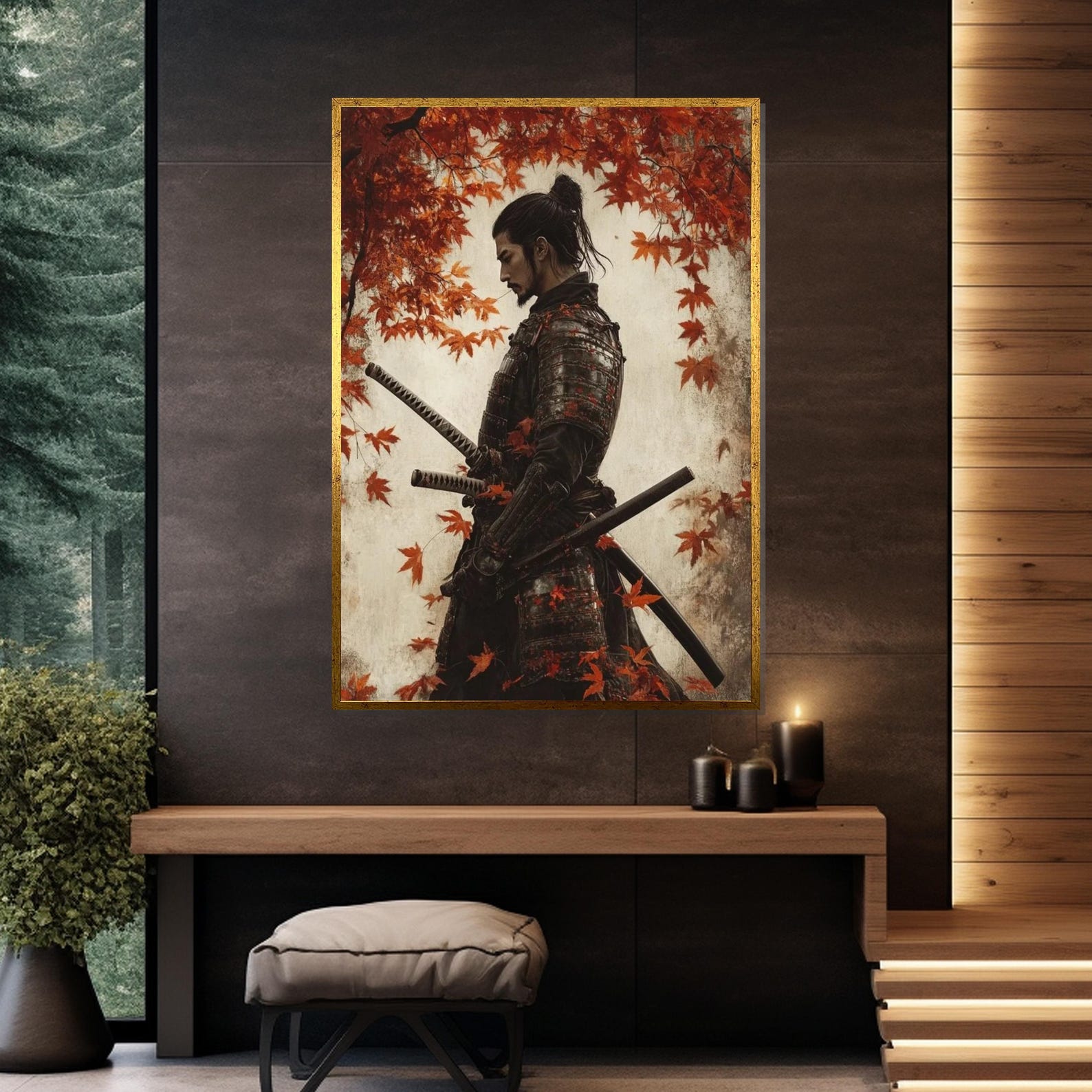 Samurai Autumn Leaves Canvas, Warrior Wall Art, Japanese Samurai Print ...