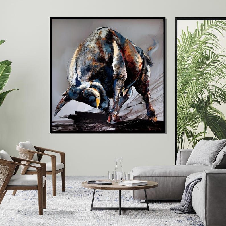 Powerful Bull Canvas, Charging Bull Wall Art, Abstract Animal Canvas ...