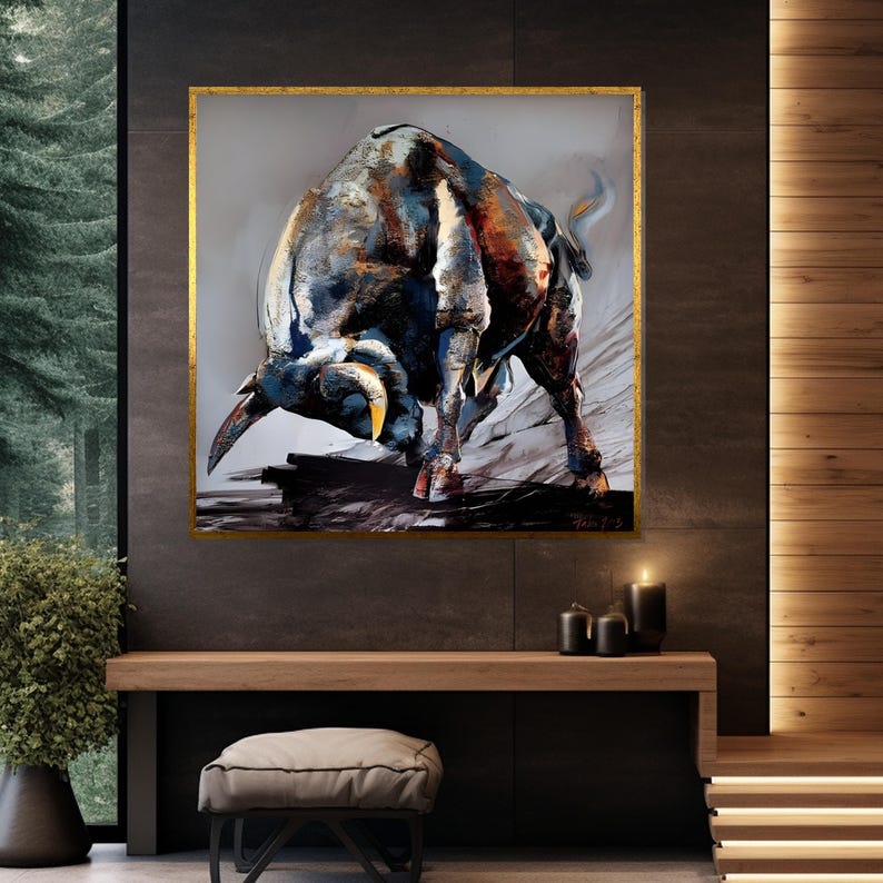 Powerful Bull Canvas, Charging Bull Wall Art, Abstract Animal Canvas ...