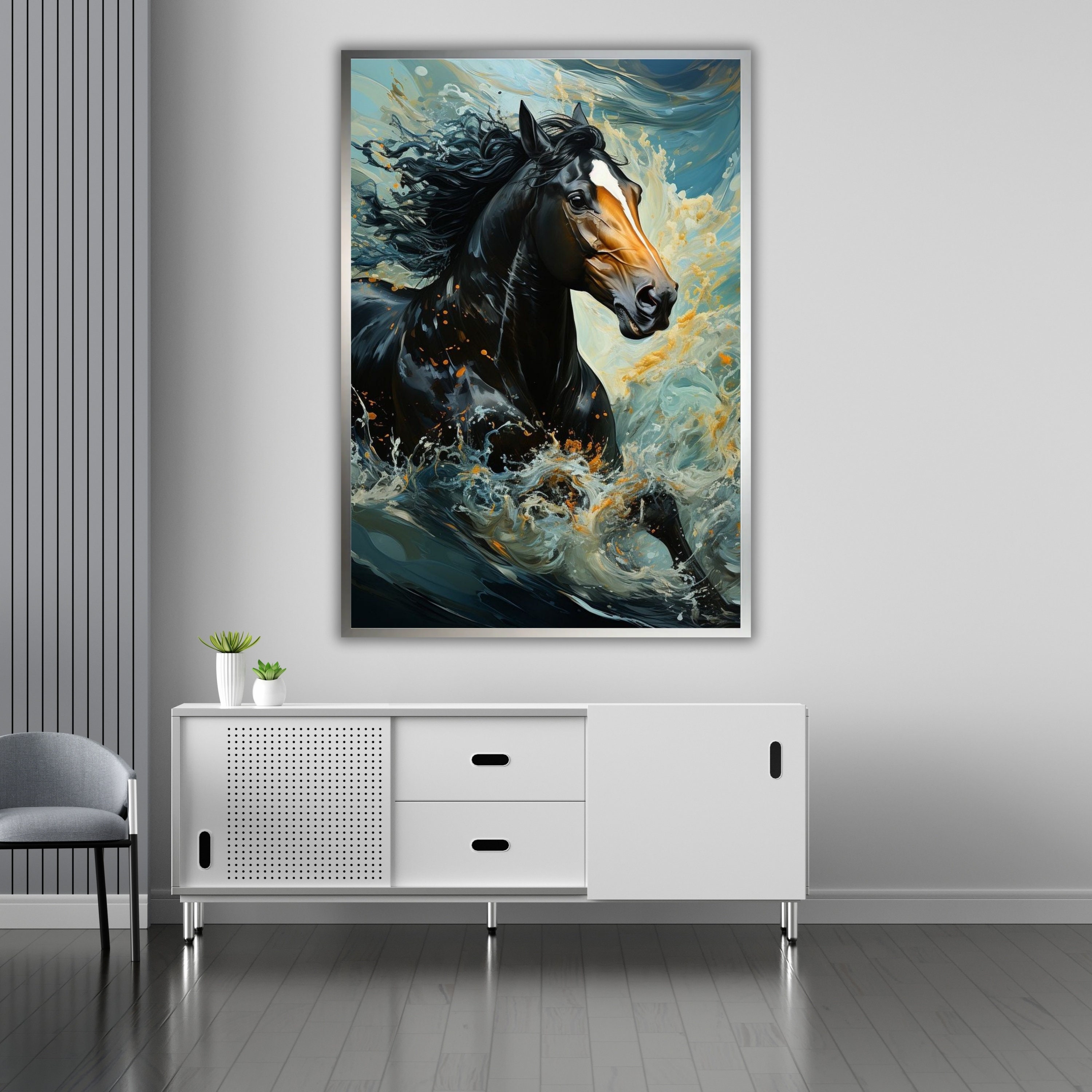 Aquatic Gallop, Dynamic Horse in Water Art Print, Oceanic Force Canvas ...