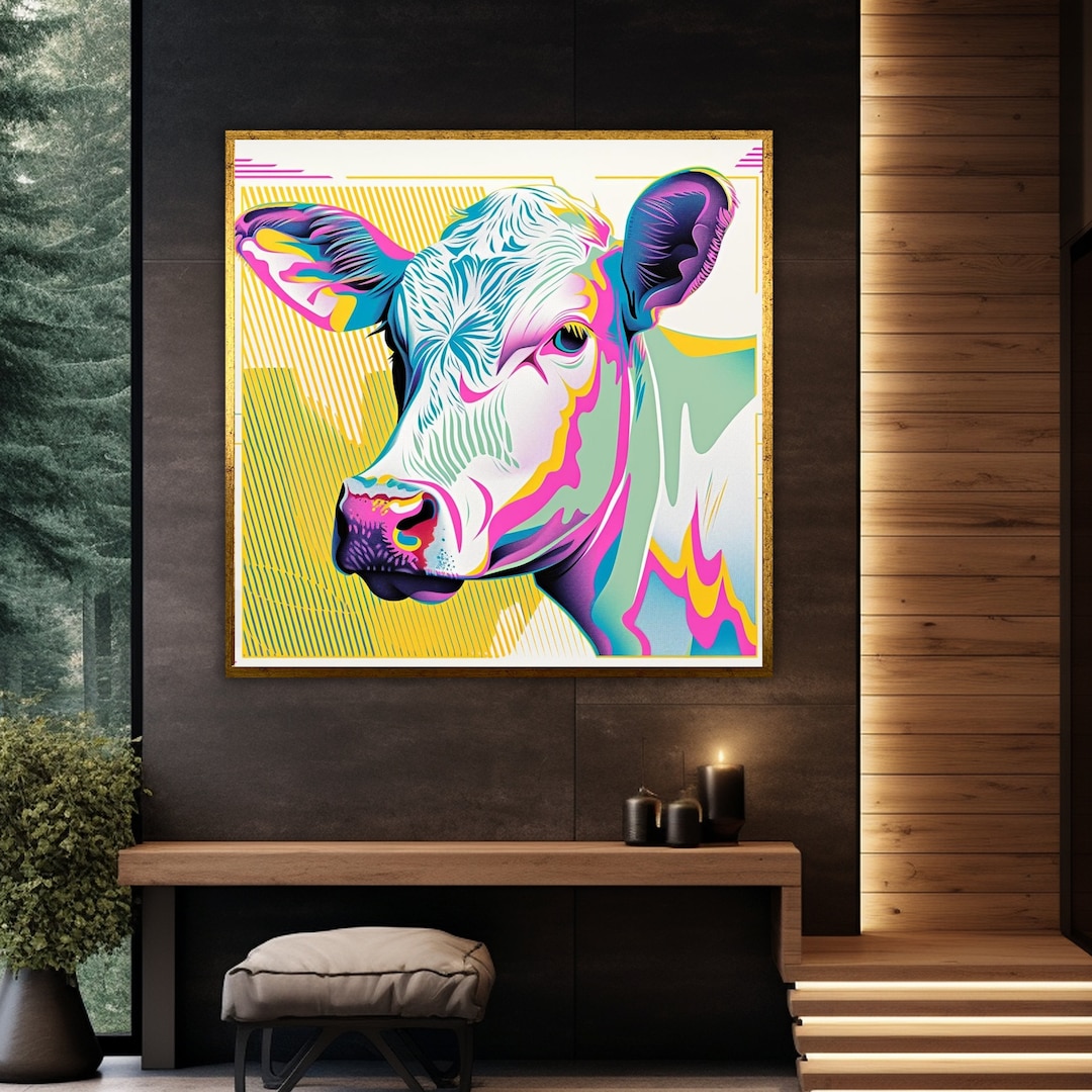 Pop Art Pastoral Canvas, Neon Cow Portrait, Retro Farm Animal Wall Art ...