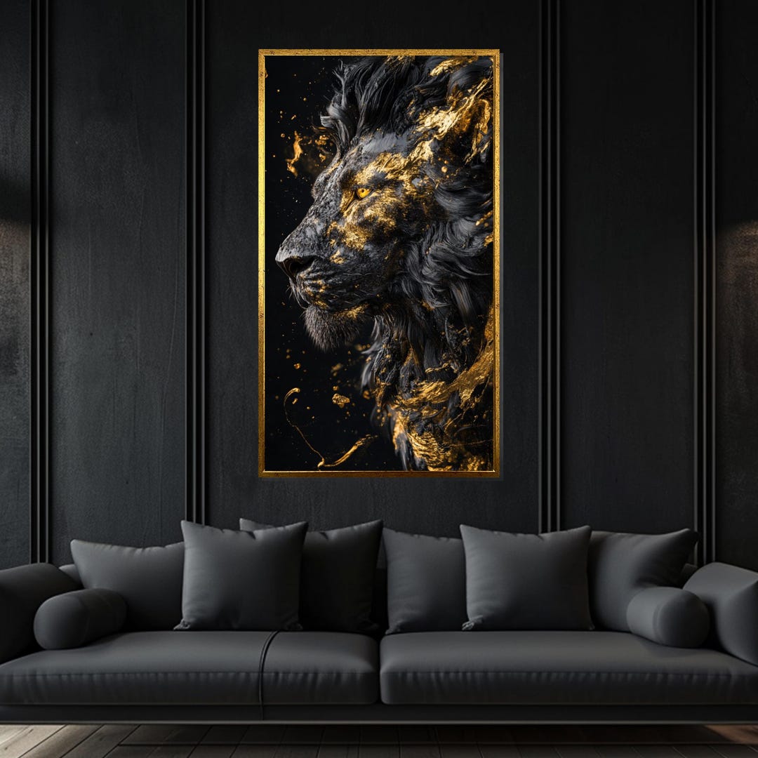 Golden Lion Canvas, Black and Gold Lion Art, Animal Wall Art, Majestic ...