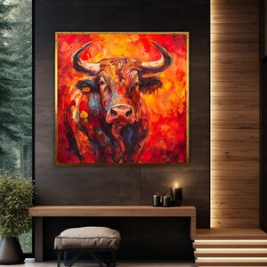 Fiery Bull Canvas Art, Vivid Strength Wall Decor, Abstract Animal ...
