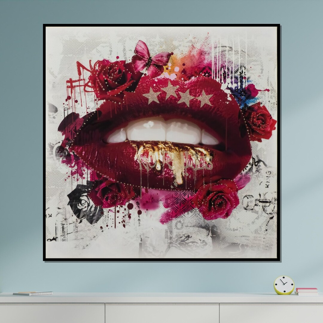 Vibrant Lips, Gold Drip Lip Canvas, Floral Lip Art, Modern Wall Art ...