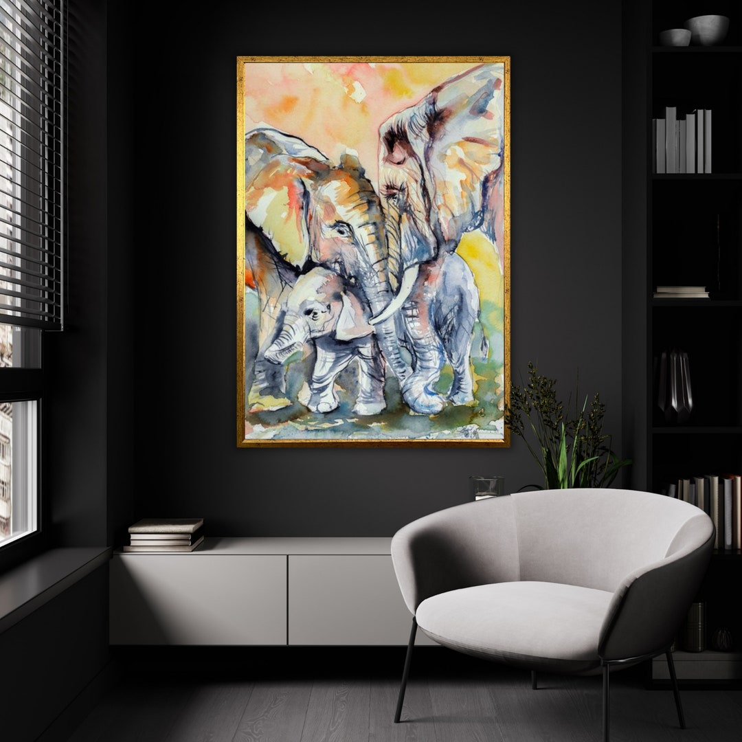 Elephant Bond Canvas Art - Watercolor Family Embrace, Gentle Giants ...