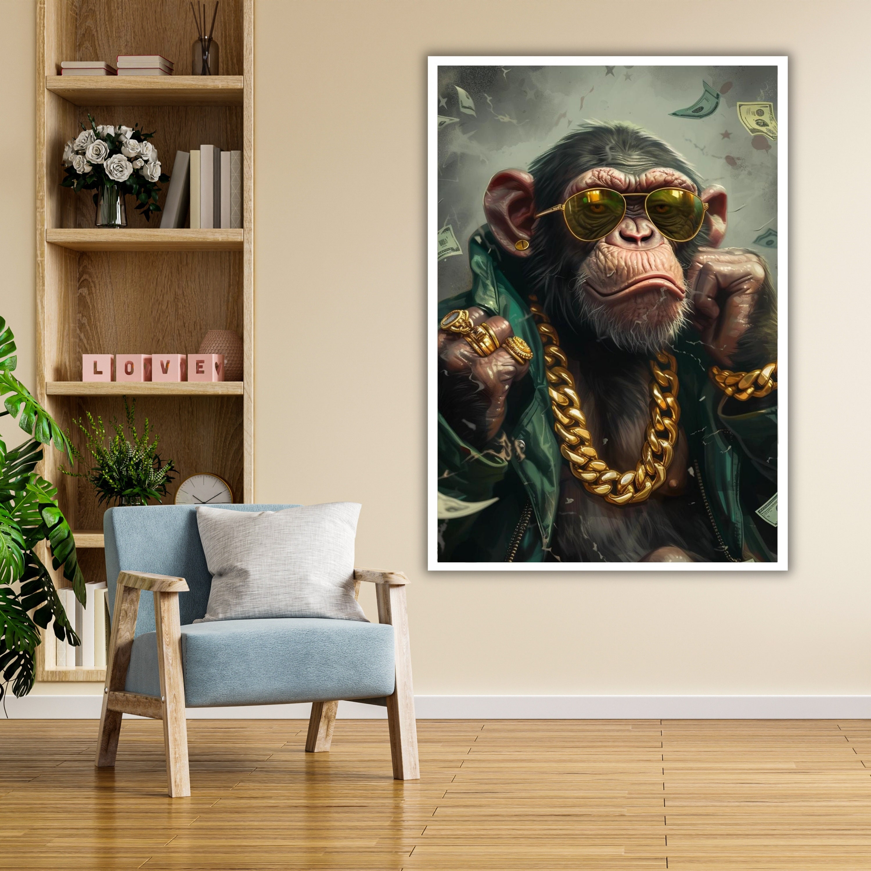 Chimpanzee Tycoon Gold Chain Canvas, Urban Jungle Money Wall Art, Swag ...