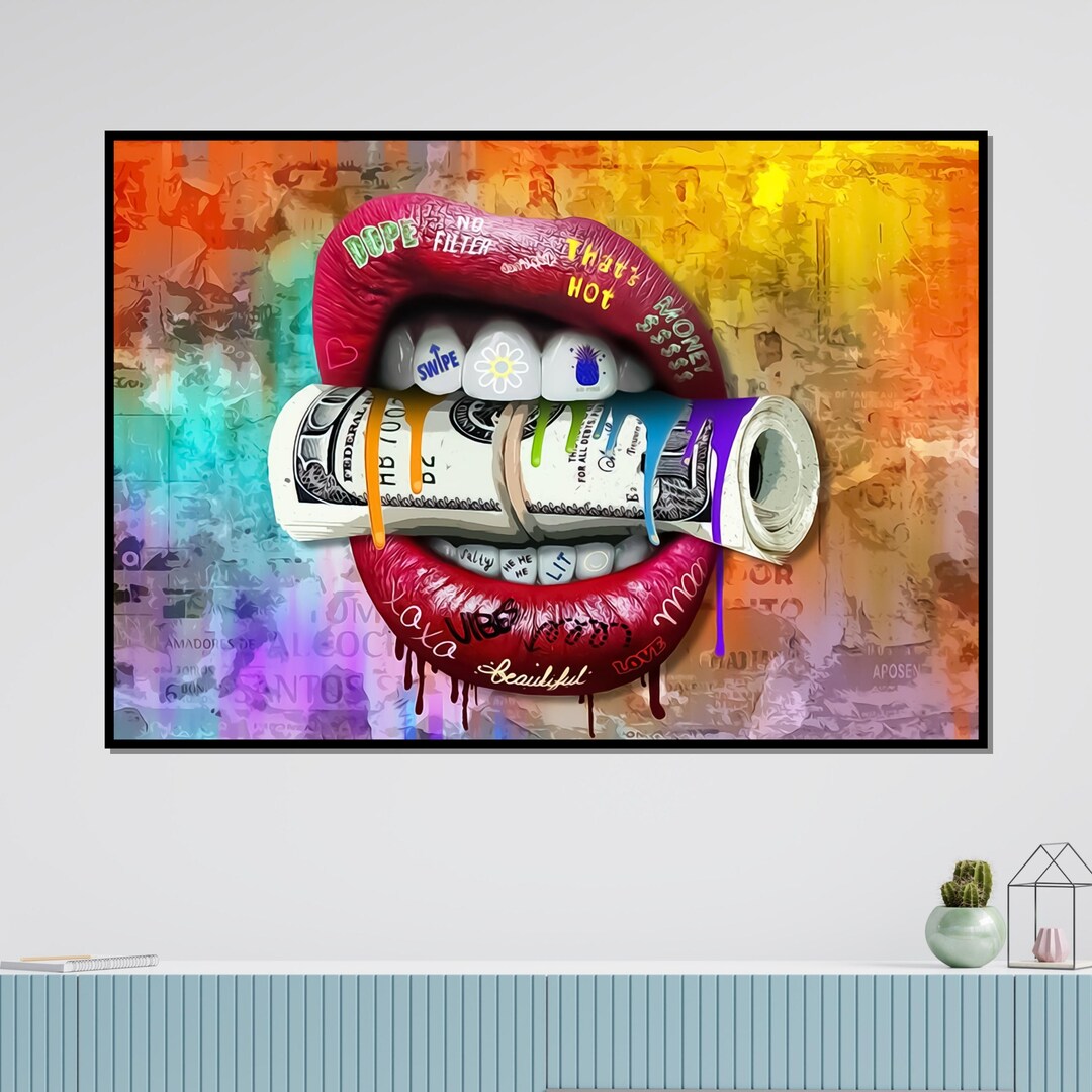 Pop Art Lip Canvas, Money Lips Poster, Colorful Graffiti Art, Modern ...