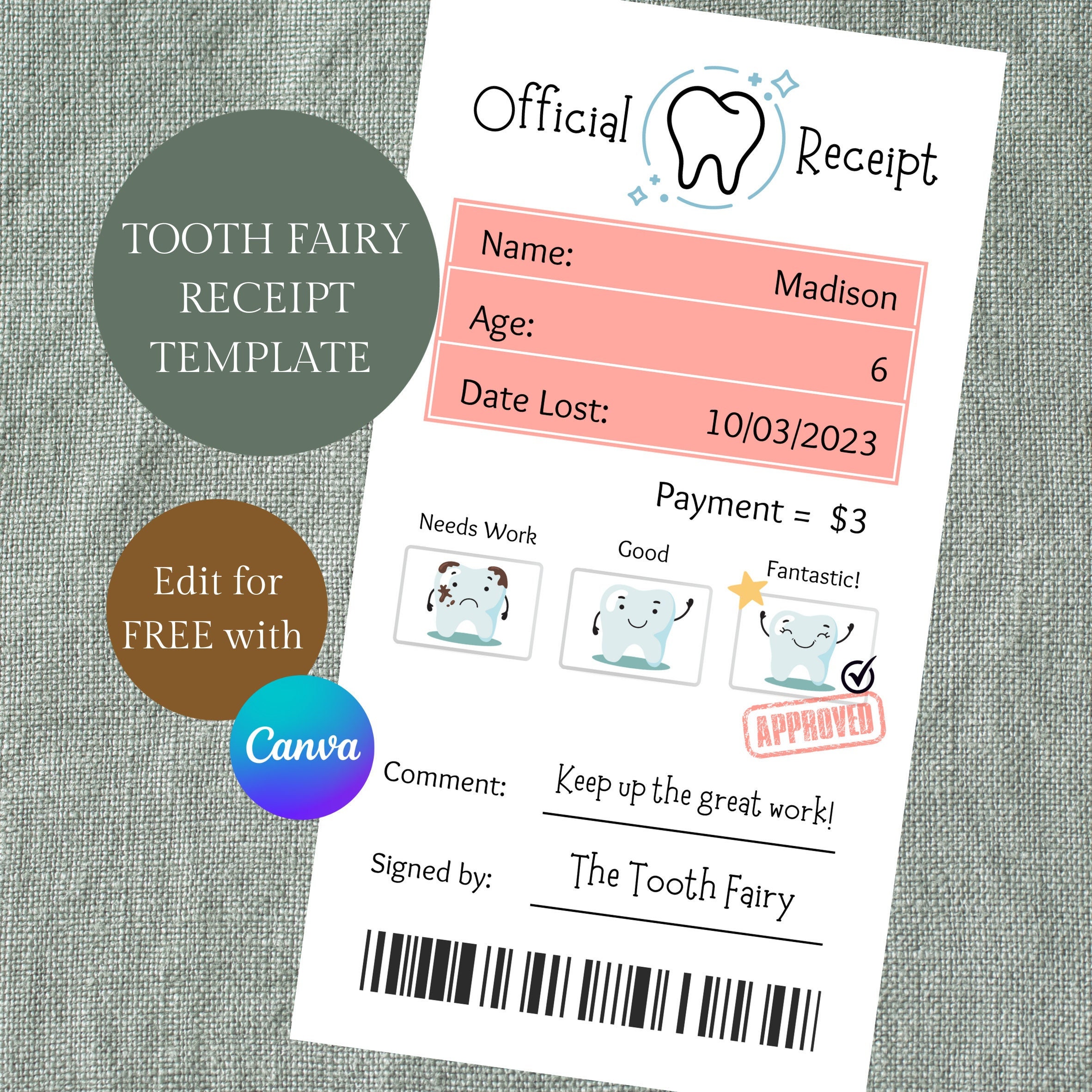 Tooth Fairy Receipt PRINTABLE for Tooth Fairy Box EDITABLE - Etsy