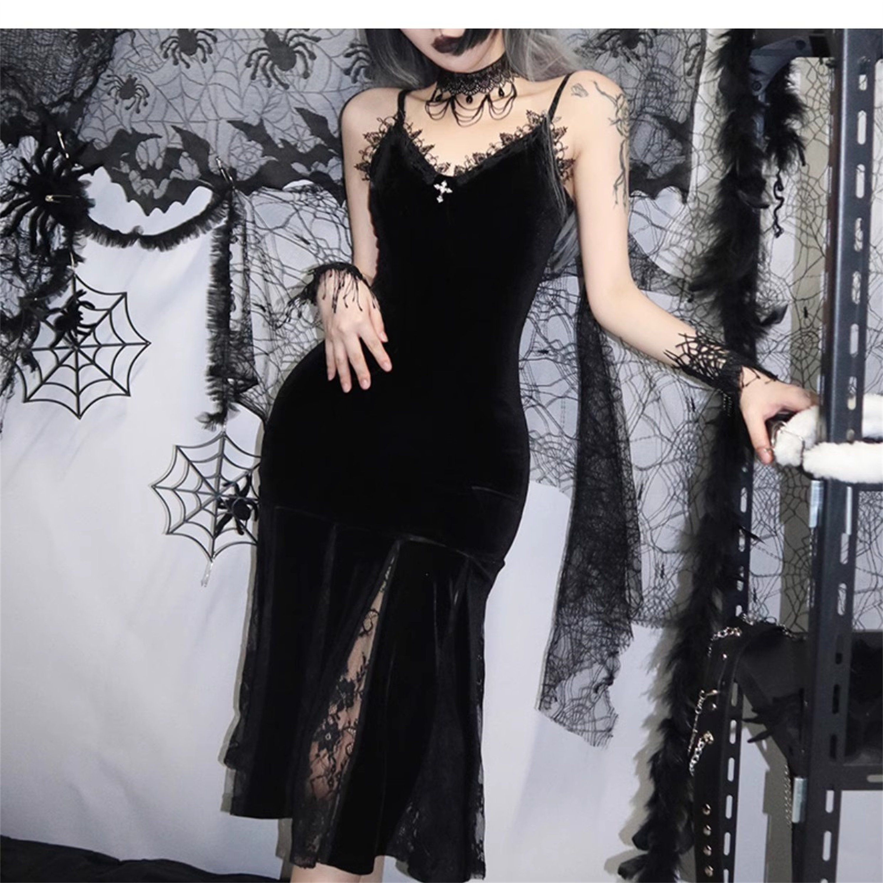 Gothic Black Velvet Dress V Neck Strap Dress Vampire Dress - Etsy