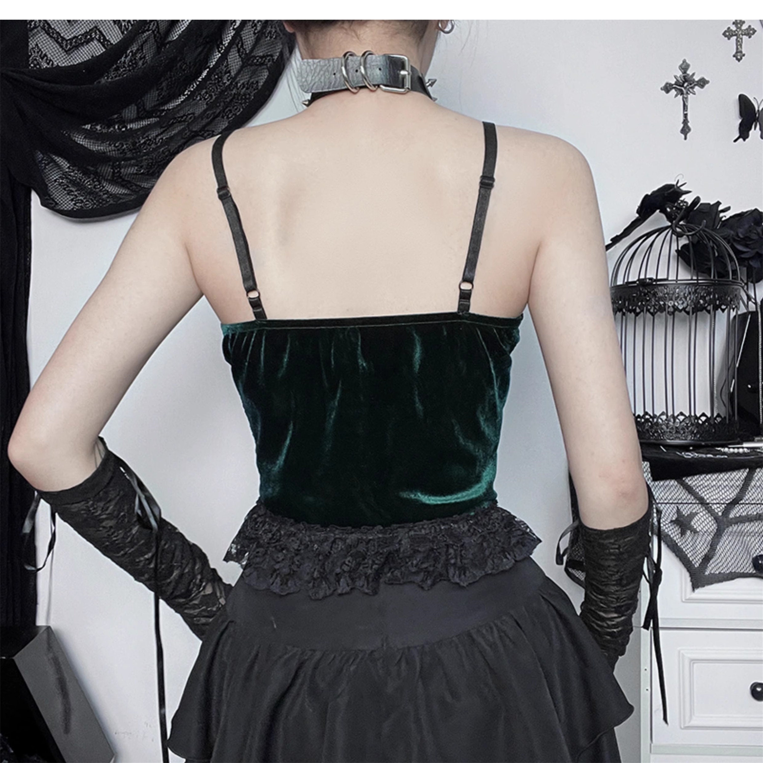 Gothic Green Velvet Topy2k Punk Lace Edge Top Renaissance - Etsy