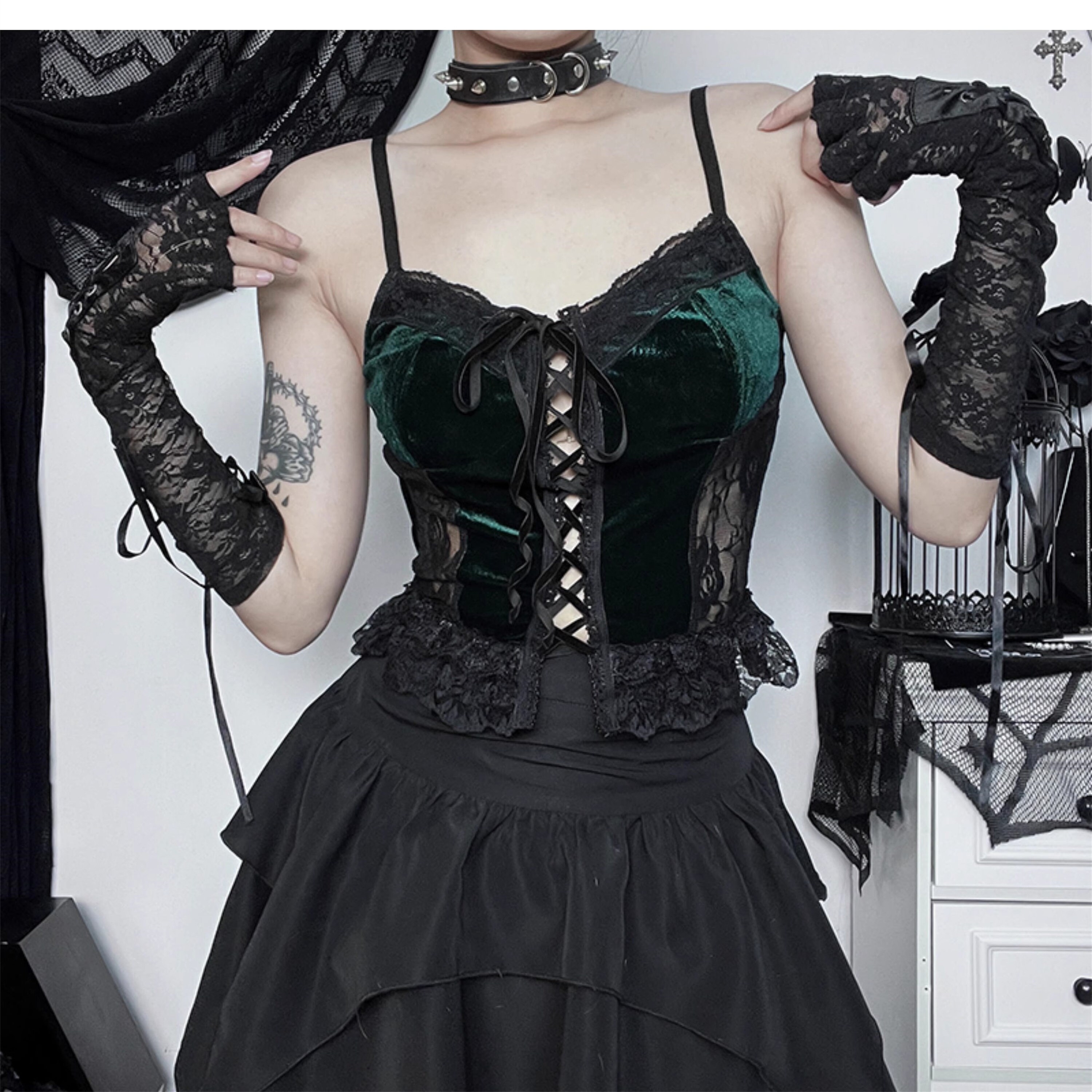 Gothic Green Velvet Topy2k Punk Lace Edge Top Renaissance - Etsy