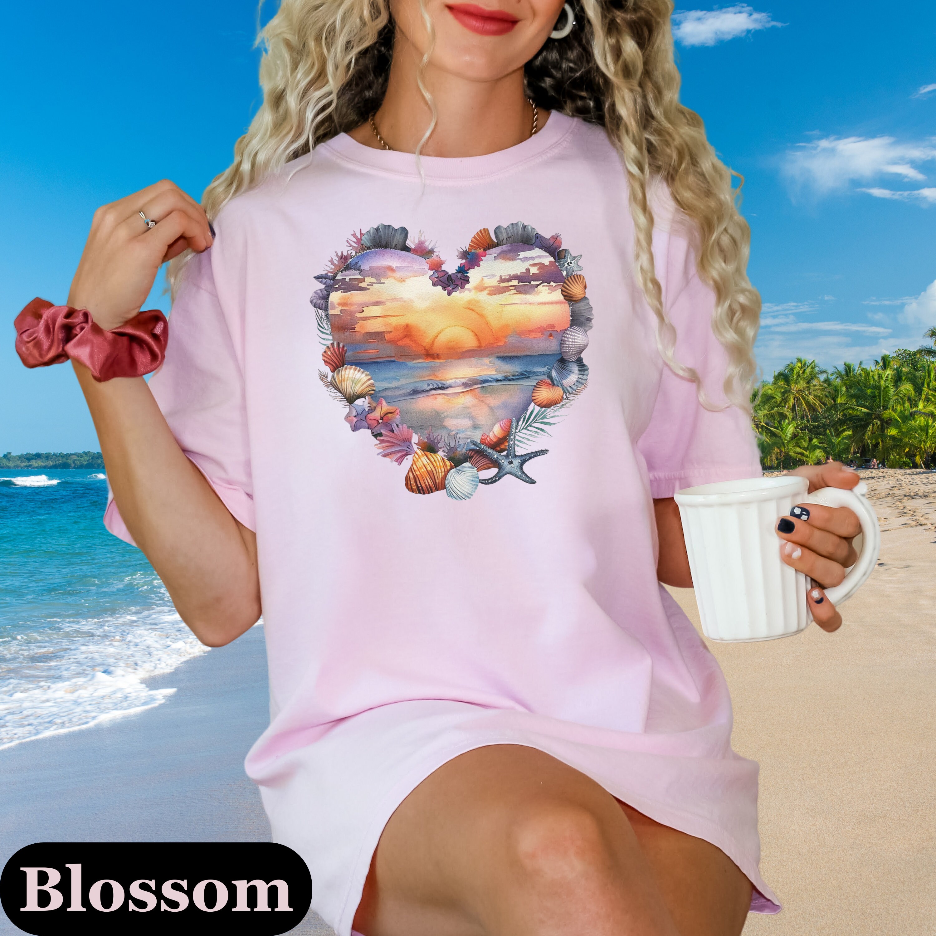 Watercolor Heart Sea Shell Shirt, Women Comfort Colors Summer Shirt ...