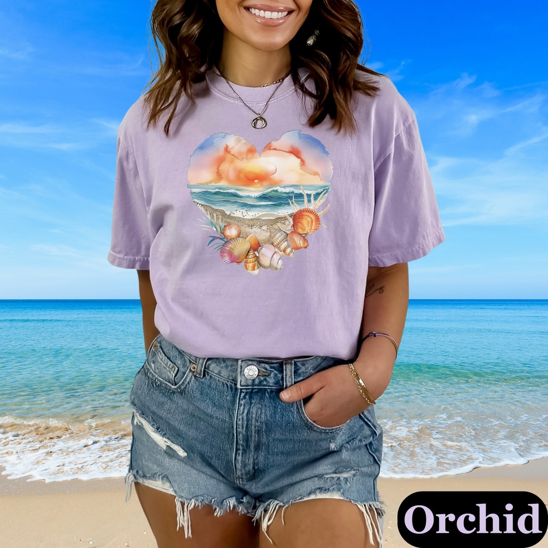 Watercolor Heart Sea Shell Shirt, Women Comfort Colors Summer Shirt ...