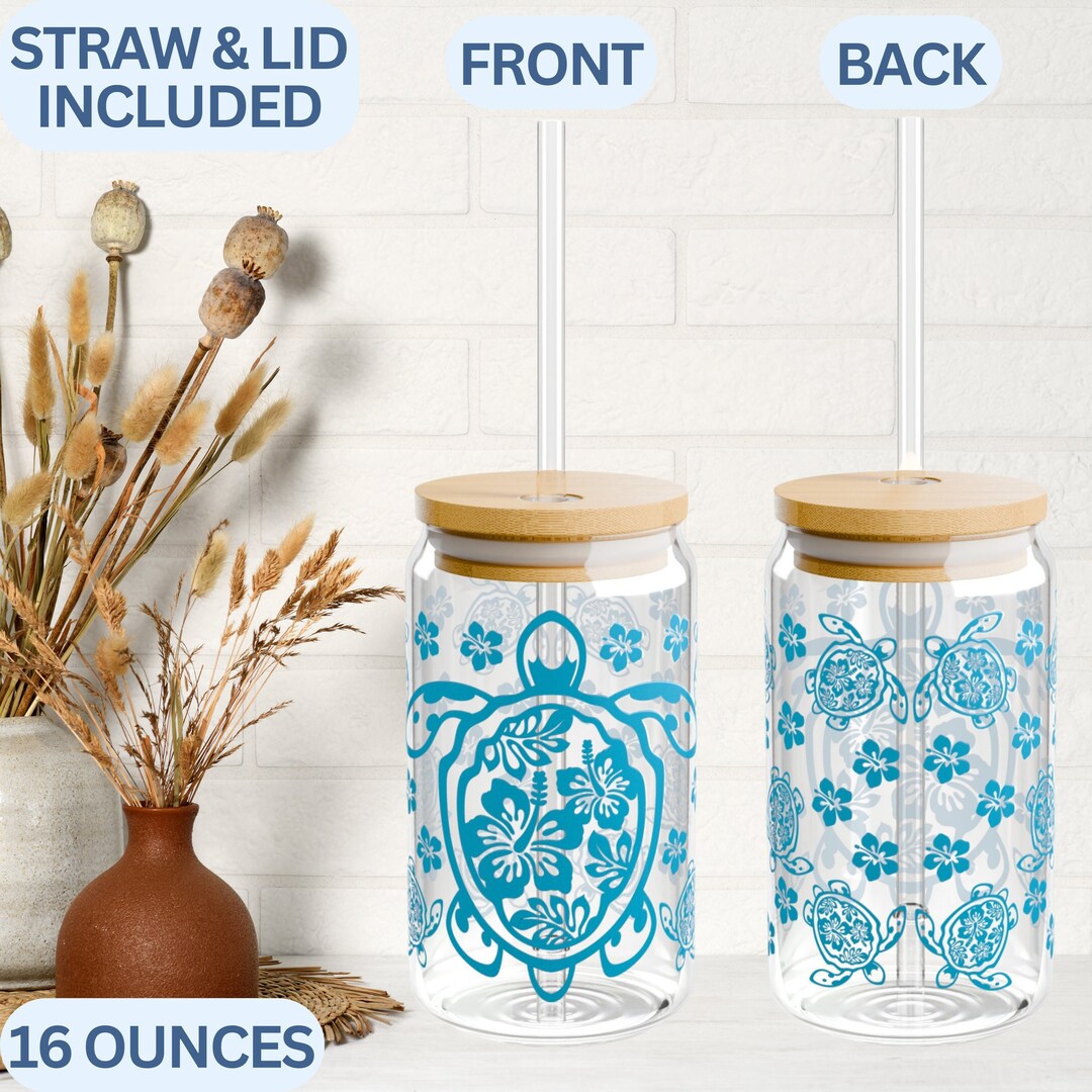 Seaturtle Hibiscus Flower Stained Glass Tumbler With Straw and Lid ...