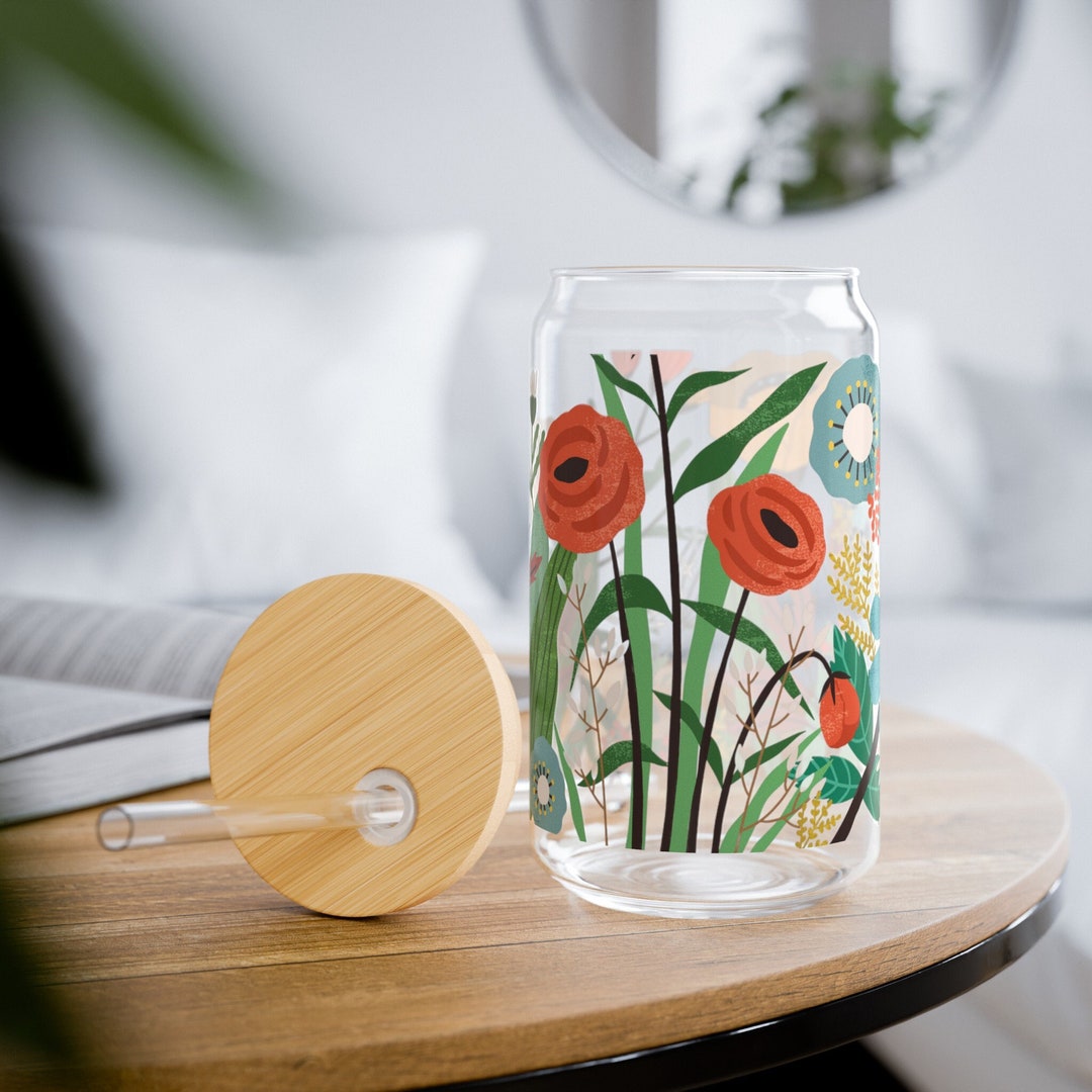 Floral Glass Tumbler With Straw and Lid, Botanical 16oz Iced Coffee ...