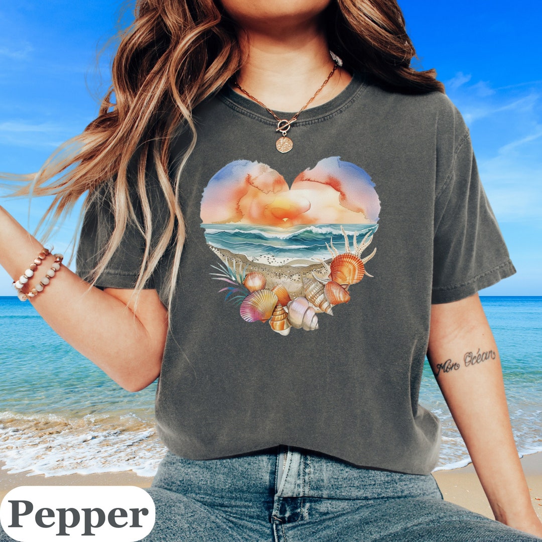 Watercolor Heart Sea Shell Shirt, Women Comfort Colors Summer Shirt ...