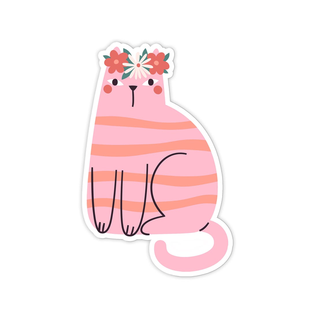 Pink Hand Drawn Striped Cat Vinyl Sticker: Waterproof Laptop Decal (2.5 ...