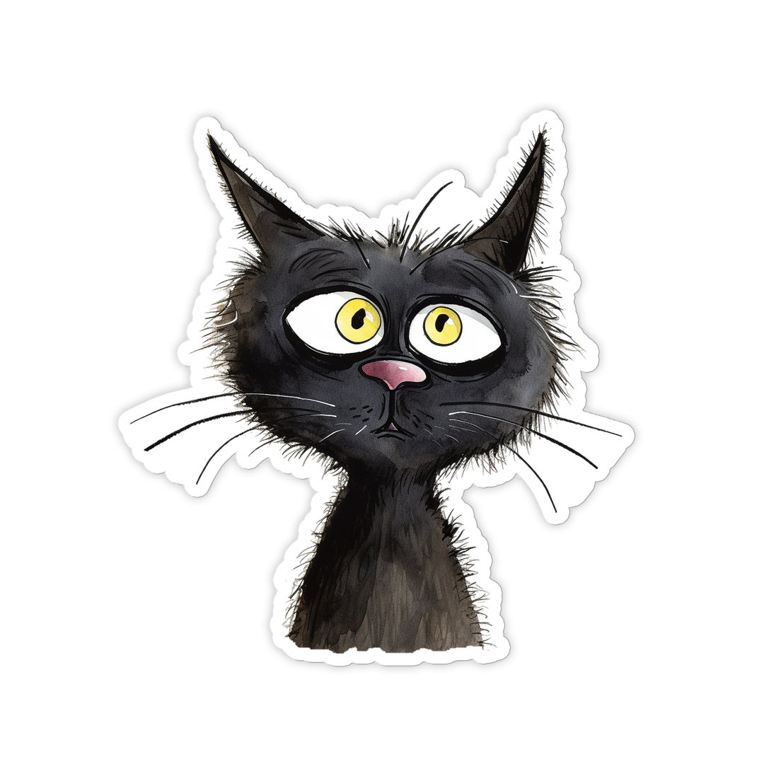 Sad Black Cat Sticker: Waterproof Vinyl Decal, Laptop, Water Bottle ...