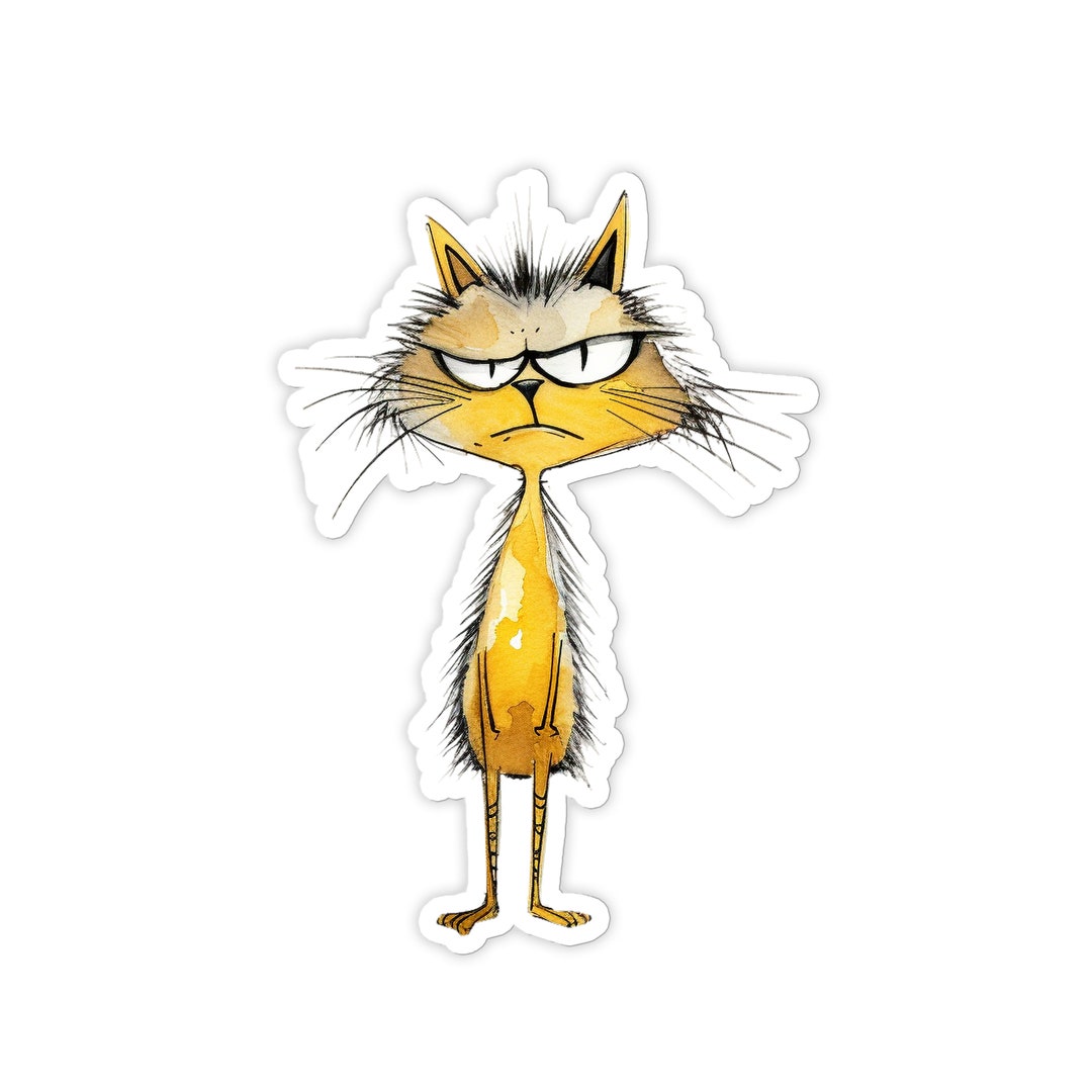 3" Vinyl Sticker, Yellow Angry Cat Sticker, Water Bottle Sticker ...