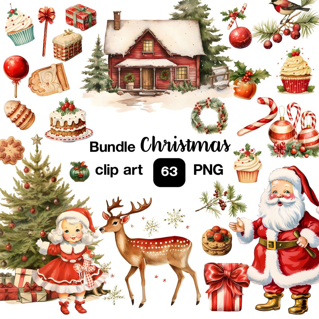 Watercolor Christmas Clipart Bundle, Vintage PNG Images (digital ...