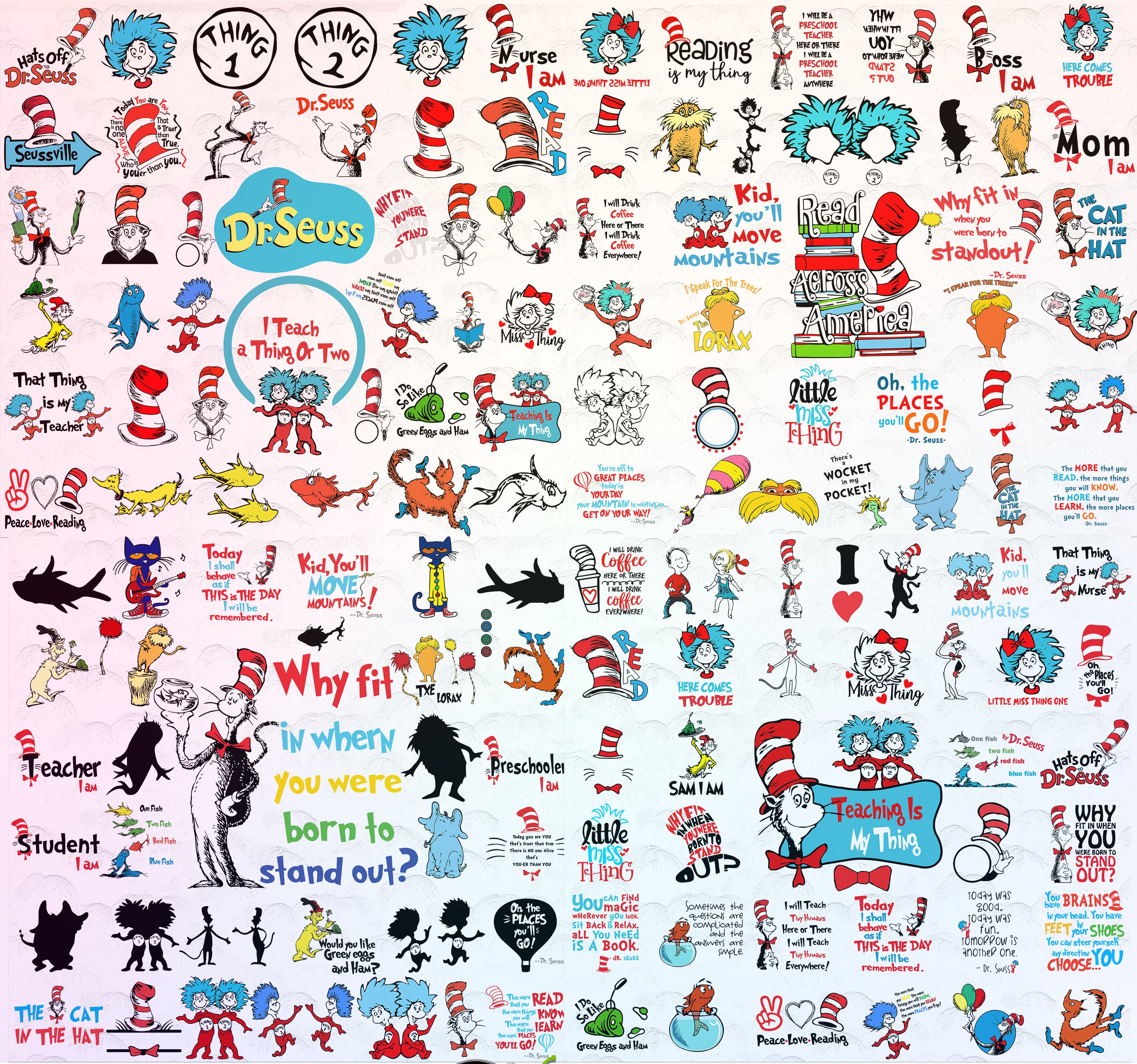 Dr Seuss Style SVG Bundle – 180+ Education Quotes and Characters for ...
