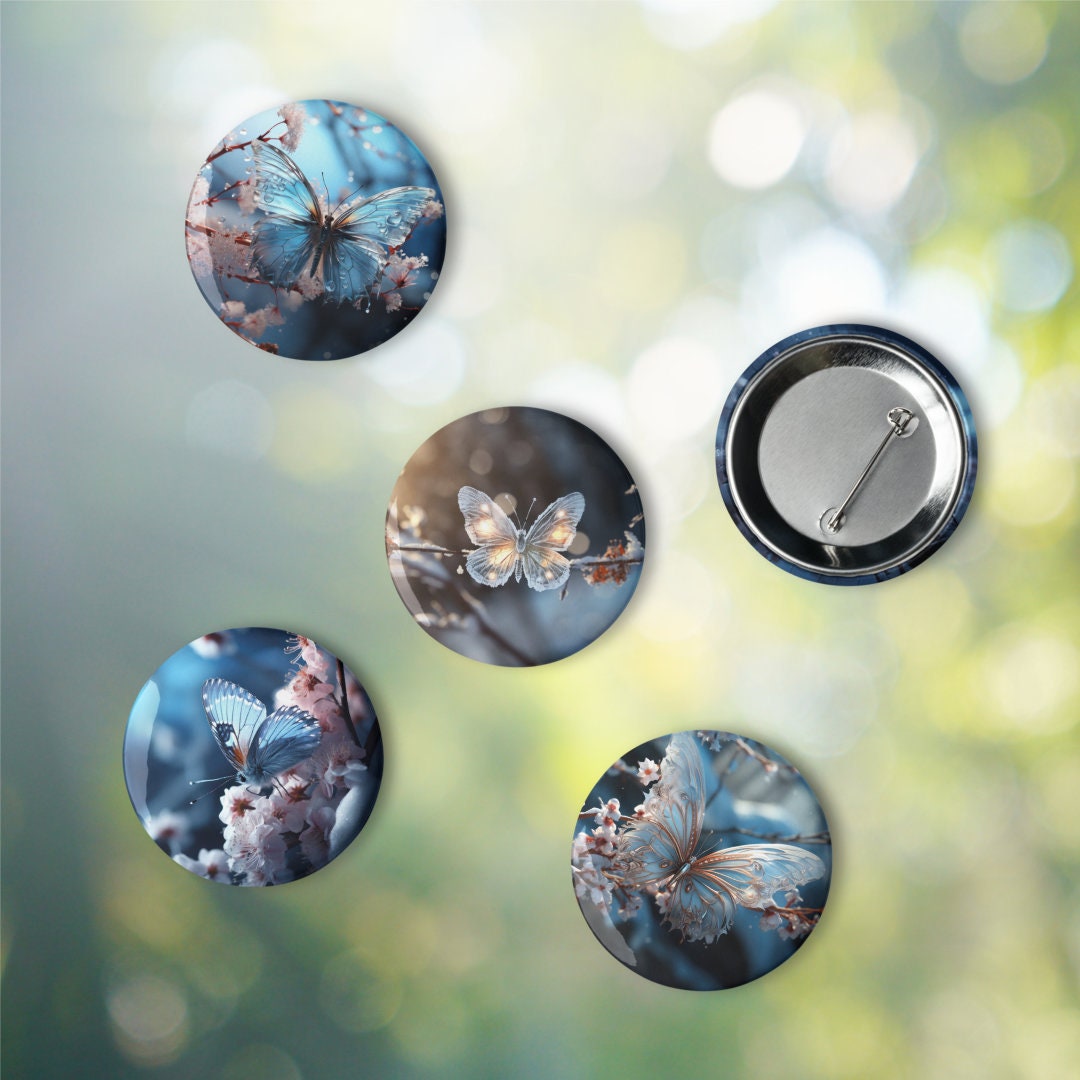 5 Set of Butterfly Pin Buttons, Glass Butterfly Pin Button Set, Round ...