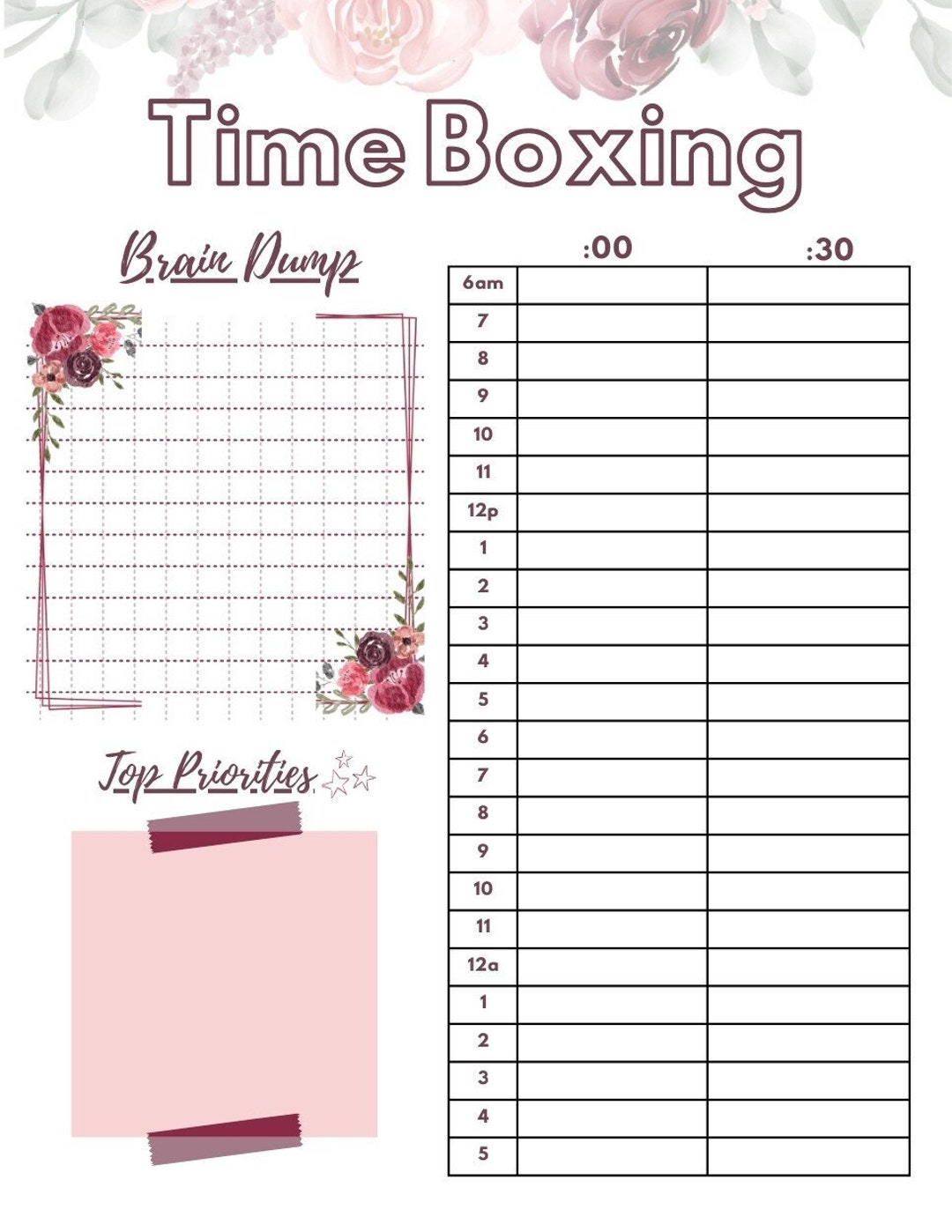 Floral Time Boxing, Time Blocking, Printable, Time Block, Brain Dump - Etsy