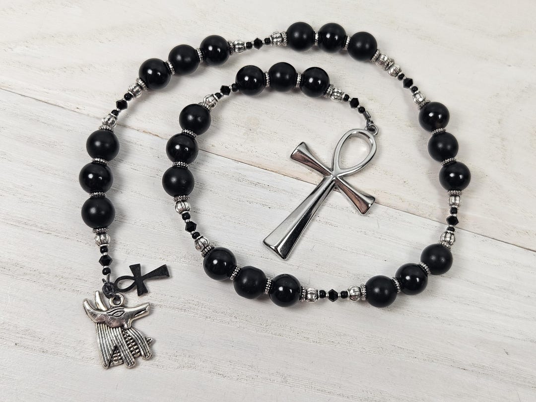 Anubis Prayer Beads Made With 8mm Onyx and Frosted Agate, Egyptian God ...