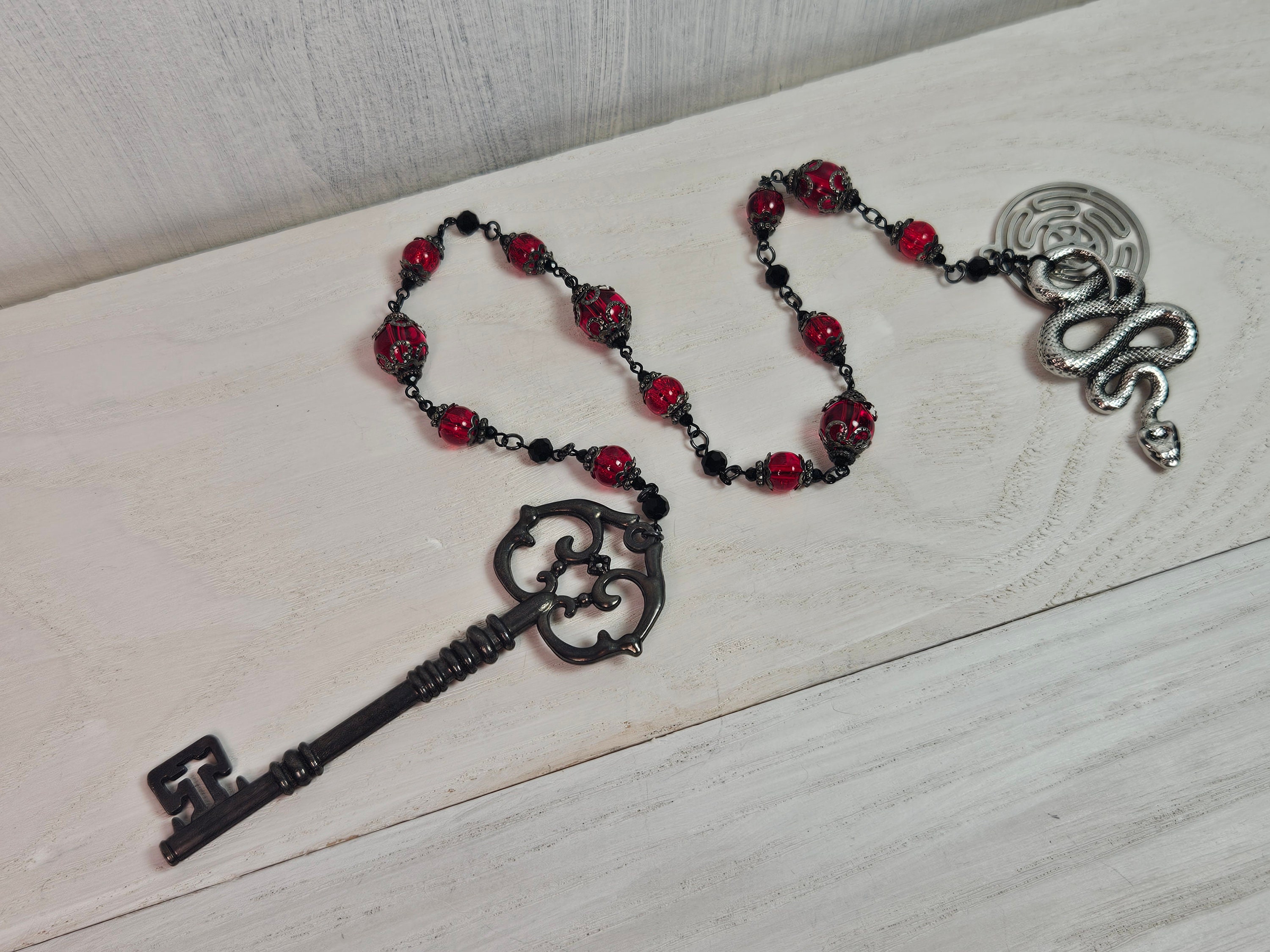 Hekate Prayer Beads With Hekate's Wheel, Snake and Skeleton Key, Rosary ...